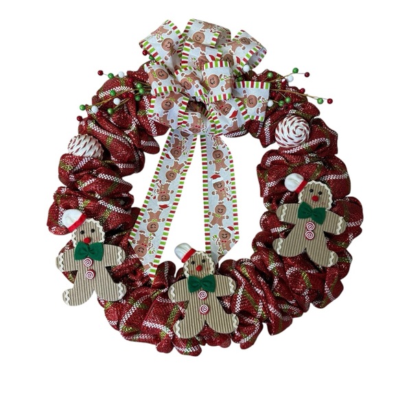 Holiday | Handmade Gingerbread Man Deco Mesh Wreath Red White Candy ...